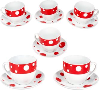 MamboCat Pula rot Kaffeetassen mit Untertassen für 6 Personen I weißes Porzellan-Set mit Punkten für Frühstück & Kaffee I Je 6X Teetassen 200ml & Untertassen