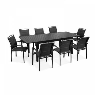 Oviala Ensemble table de jardin extensible et 8 fauteuils en aluminium noir