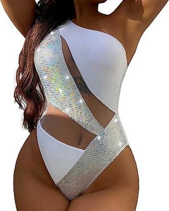 Generic Maillots De Bain Femme Une Pieces Push Up Bikini de à Coutures en Maille à Paillettes européennes et américaines (White, L)
