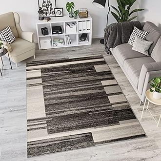 Tapiso Sari Tapis Poils Courts Moderne Noir Beige Mouchet&eacute; Rayures Bordure Tapis Salon Chambre Salle &agrave; Manger Oeko-TEX R&eacute;sistant 140 x 190 cm