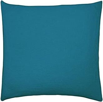 Essix Taie doreiller Unie en Gaze de Coton lavée, Tendresse, 65x65cm, Bleu Paon