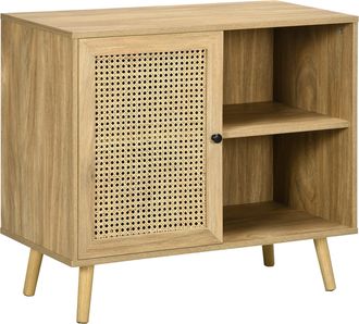 HOMCOM Sideboard K&uuml;chenschrank mit T&uuml;r, 2 Offenen F&auml;chern, Aufbewahrungsschrank mit Verstellbarer Ablage, Kippschutz f&uuml;r Wohnzimmer Natur Kiefernholz 80 x 39
