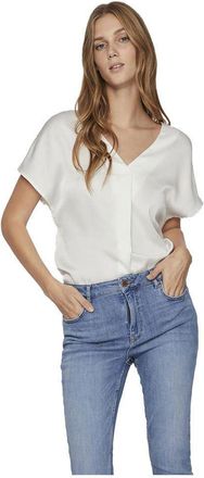 Vila Damen Viellette V-Neck S/S Satin Top-Noos Kurzarmbluse 14089239,Snow White,36