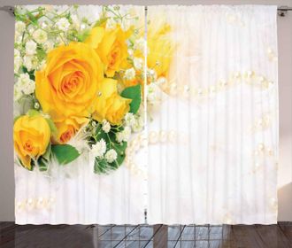 Abakuhaus Gelb Rustikaler Gardine, Romantischer Rosen-Blumenstrauß, Schlafzimmer Kräuselband Vorhang mit Schlaufen und Haken, 280 x 245 cm, Farngrün Gelb Perle