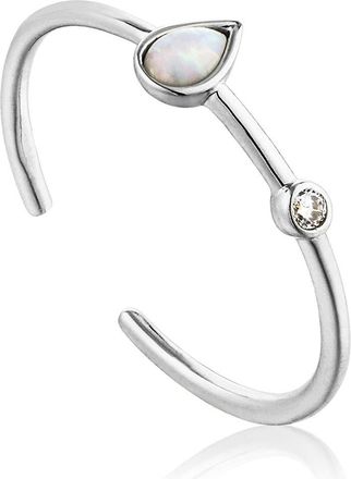 Ania Haie Verstellbarer Damen Ring Mineral Glow Raindrop aus 925 Sterling Silber, besetzt mit einem Zirkonia und einem Opal, EU Gr&ouml;&szlig;e: 50-58, inkl. Geschenkverp