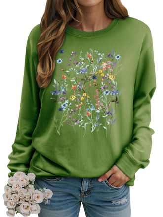 Dresswel Sweatshirt Damen Vintage Inspirierte Botanisches Blumen Druck Rundhals Langarmshirt Baumwolle Pullover Herbst Winter Langarm Oberteile Tops