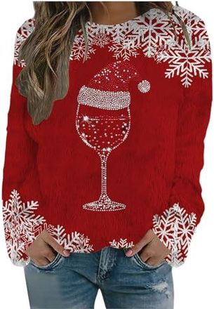 Generic Sweat-shirt de No&euml;l d&eacute;contract&eacute; &agrave; col rond et manches longues avec imprim&eacute; velours double face pour femme, Rouge, XL