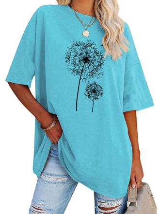 Dresswel Tshirt Damen Oversize Pusteblume Druck T-Shirt Kurzarm Rundhals L&auml;ssiges L&ouml;wenzahn Blumen Tee Shirts Sommer Oberteile Lose Lang Tops Bluse f&uuml;r Teenage