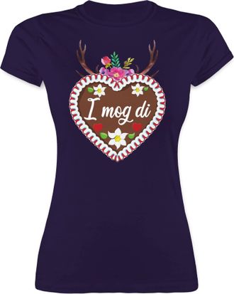 Shirtracer Shirt Damen - Kompatibel Oktoberfest - Lebkuchenherz I mog di mit Geweih und Blumen - XXL - Lila - trachtenshirt Trachten t Shirts bayrische edelweiß 
