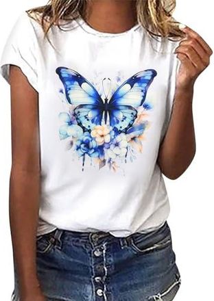 Heekpek Femme T Shirt Blanc Chic T Shirts Col Rond Haut Manches Courtes Ete T Shirt Coton Tee Shirt Imprim&eacute; pour Femmes Files, Le Papillon Bleu, XXL