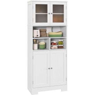 HOMCOM Buffet haut cuisine - HOMCOM - 4 portes, niches et &eacute;tag&egrave;res r&eacute;glables, 2 portes en verre - 60 x 30 x 145,5 cm - blanc