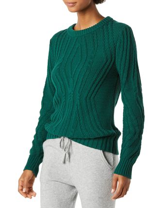 Amazon Essentials Damen Pullover mit Rundhalsausschnitt und Zopfmuster aus 100 % Baumwolle, Dunkelgrün, XXL