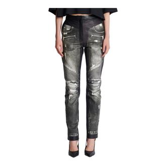 Balmain Femme, Pantalons, Gris, Taille: 36 FR Pantalon en cuir imprim&eacute; denim