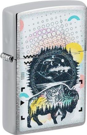 Zippo Sturmfeuerzeug - Abstract Bison, Brushed Chrome, Color Image - Nachfüllbar - Wiederverwendbar - Windfestes Design - Geschenkbox - Made in USA