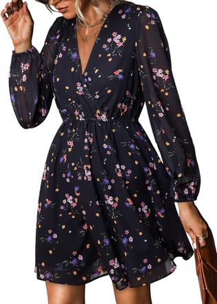 Cupshe Damen Kleid V Ausschnitt Wickeloptik Transparente Lange Ärmel Freizeitkleider Wrap Mini Dress Schwarzes Ditsy XXL