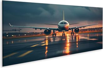 Islandburner Bild auf Leinwand Flugzeug startet bei Nacht von der Landebahn Bilder Wandbilder Poster JEBE-Pano