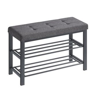 Songmics Banc, Porte-Chaussures à 3 Niveaux, Rangement avec Siège Rembourré de Mousse, Tissu en Lin, Cadre Métallique, pour Salon, Entrée, 31 x 81 x 49 cm, Gri