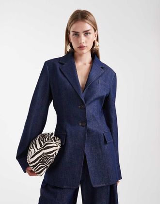 Asos Blazer densemble habill&eacute; en denim &agrave; taille cintr&eacute;e - Indigo-Bleu marine