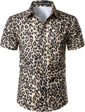 PARKLEES Herren-Hemd mit Leoparden-Print, l&auml;ssiges Hemd mit Geparden-Aufdruck, kurz&auml;rmeliges Hemd mit Knopfleiste, beige, XL
