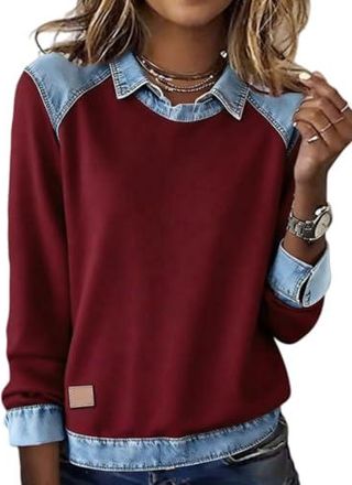 Generic Chemises en denim patchwork &agrave; revers pour femme - Col en denim - Patchwork d&eacute;contract&eacute; - Pull ample - Haut de couleur unie, Rouge, XXL