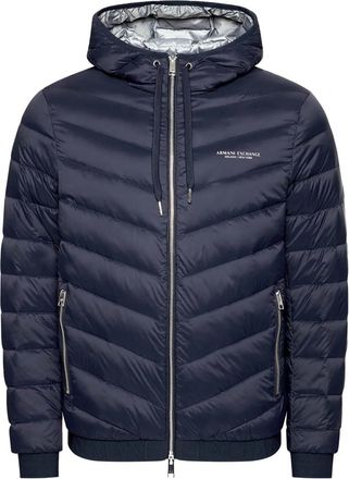 A|X Armani Exchange A|X ARMANI EXCHANGE Herren Steppjacke mit Kapuze und Rei&szlig;verschluss, Milano/New York Logo Jacke, Marineblau/Grau Meliert, XL