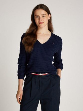 Tommy Hilfiger Strickpullover CO CABLE FINE GG V-NK LS SWT Baumwolle, mit Zopfmuster