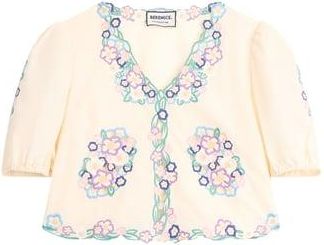 BERENICE Top col V &agrave; broderies en lin m&eacute;lang&eacute;