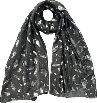 Lina & Lily Foulard Femme à Plumes Métallisées, Écharpe Tissu Léger 180cm X 75cm (Gris foncé-Argent)