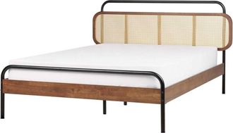 Beliani Holzbett Dunkelbraun u. Schwarz aus Gummibaumholz Metall 140 x 200 cm mit Wiener Geflecht Kopfteil Lattenrost Modernes Design f&uuml;r Schlafzimmer