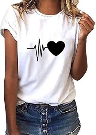 Heekpek Femme Chemisier Chic T-Shirts Blouse Col Rond Tops Manches Courtes en Coton Ete T Shirt Imprimé Tunique T-Shirt, Blanc, Taille XXL