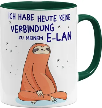 OM3 Faultier Tasse mit Spruch - Ich habe heute keine Verbindung zu meinem E-Lan - Keramik Becher - 11oz 325ml - Beidseitig Bedruckt - Grün