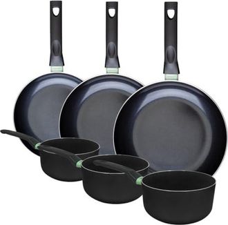 Fackelmann 9431050 Ensemble de 3 poêles de 20 24 et 28 cm et 3 casseroles 16 18 et 20 cm, revêtement céramique antiadhésif sans PFAS, tous feux, induction, four,