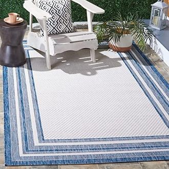 Safavieh Tapis Contemporain pour Salon, Salle à Manger, Chambre à Coucher - Courtyard Collection, Tapis à Poil Court, Ivoire et Marine, 160 X 160 Cm