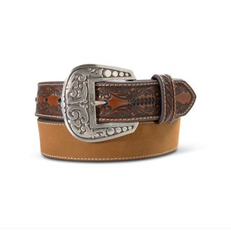 Ariat Mens Crazy Horse with Embossed Accent Leather Belt in Brown, Size 32, by Ariat
