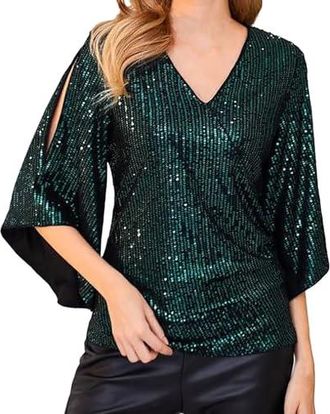 Generic Chemisier &agrave; paillettes avec col en V et manches &eacute;vas&eacute;es - Haut &eacute;l&eacute;gant pour f&ecirc;te, soir&eacute;e, soir&eacute;e - Chemise habill&eacute;e d&eacute;contract&eacute;e, vert militaire, XXL