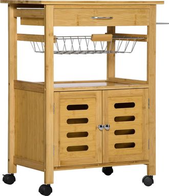 HOMCOM K&uuml;chenwagen mit Schublade, Schrank und herausnehmbarem Korb, Holzwagen mit Lenkrollen, 66x36x79cm