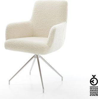 DELIFE Esszimmerstuhl Heira-Flex mit Armlehnen Teddystoff Beige Kreuzgestell konisch Edelstahl Taschenfederkern, Esszimmerst&uuml;hle