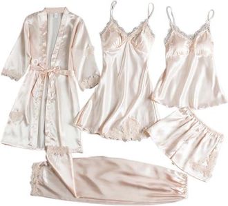 Generic Ensemble de pyjamas pour femmes 5 pi&egrave;ces - Robe en dentelle et satin et ensemble de pyjama - V&ecirc;tements de nuit pour dames - Pyjamas en satin - Robe de