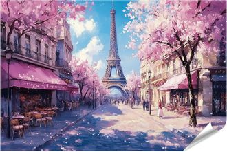 Islandburner Prime Bild Poster Frühlingsstraße in Paris mit Eiffelturm und Kirschblüten Premium Bilder Fotodruck