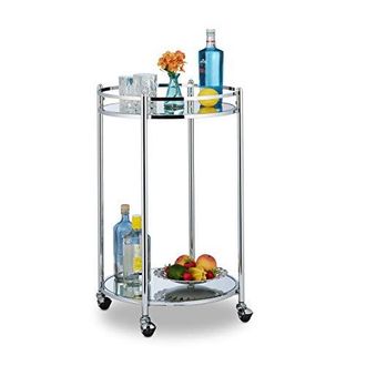 Relaxdays Servierwagen rund, Barwagen mit 2 Etagen, Stahl, verspiegelte Ablagen, Teewagen mit Rollen, 75 x 50 cm, silber
