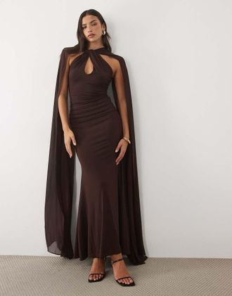 Tfnc robe longue fluide &agrave; col licou et manches cape, chocolat-Marron