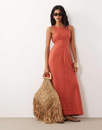 Asos Premium - Tailliertes Maxikleid aus 100% Leinen in Terrakotta mit R&uuml;ckenausschnitt-Rot