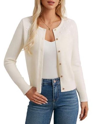 Grace Karin Cardigan d&eacute;t&eacute; pour femme avec broderies d&eacute;cor&eacute;es boutonn&eacute;es col rond manches longues tricot pull, blanc ivoire, L