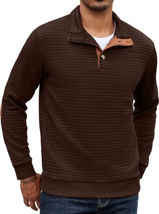 Coofandy Herren Sweatshirts mit Kragen Pullover Winter Sweatshirts Sportlich Pullover Männer Waffel Sweatshirt Ohne Kapuze Pulli mit Knopfleiste Braun XXL