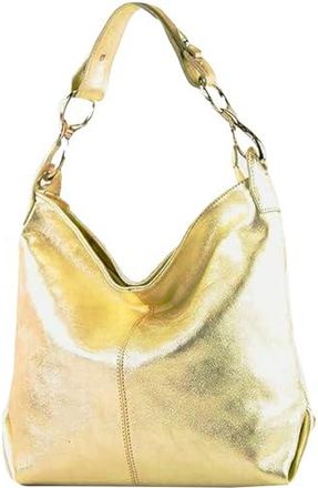 modamoda.de T168 Sac à bandoulière, sac porté épaule, en cuir, fabriqué en Italie, Métal doré clair, M