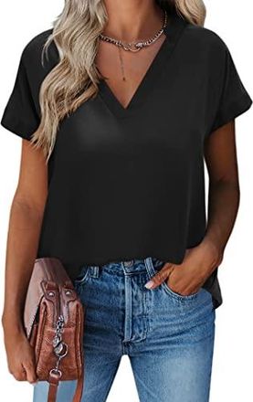 Zeagoo Chemisier élégant pour femme - Col en V - Manches courtes - Tunique dété - Couleur unie - En mousseline de soie - Noir - Taille S, Noir, S
