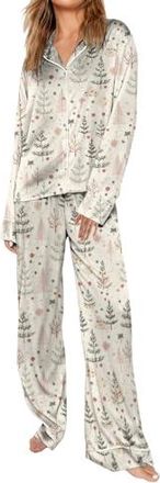 Generic Ensemble de pyjama de Noël à manches longues pour femme, vêtements de nuit doux pour femme, chemise boutonnée et pantalon pour dormir, 2 pièces à manc