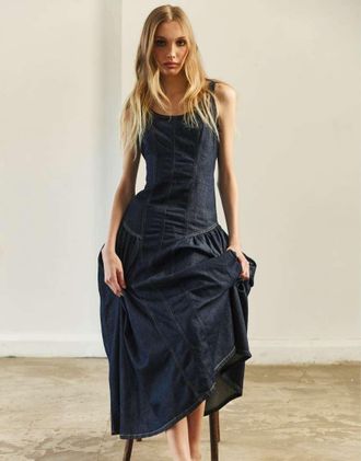 Topshop Robe courte en jean &agrave; coutures apparentes - Indigo brut-Bleu