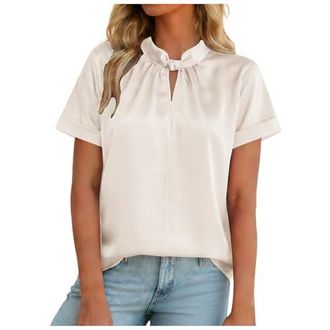 Generic Chemisier en satin &eacute;l&eacute;gant pour femme - Col en V - Manches courtes - Tunique d&eacute;t&eacute; - &Eacute;l&eacute;gant et ample - Manches courtes - D&eacute;contract&eacute; - Soyeux - Satin,