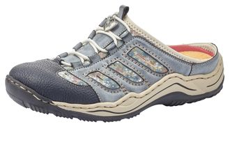 Rieker Clog RIEKER, Damen, Gr. 37, blau (jeansblau, dunkelblau), Lederimitat, Textil, mehrfarbig, Schuhe Clog, Keilabsatz, Sommerschuh, Schlappen zum Schlupf